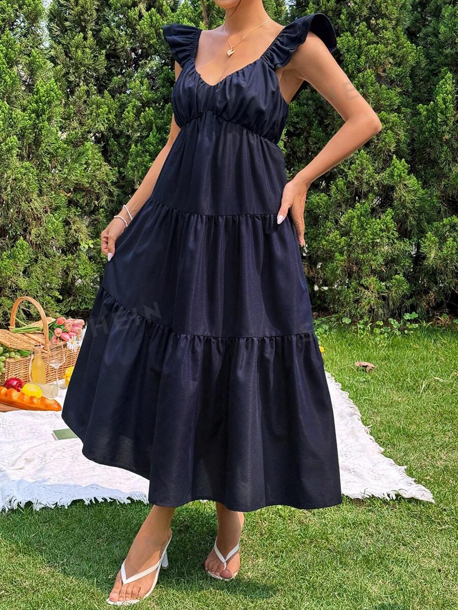 SHEIN Essnce Loose Spaghetti Strap Flutter Sleeve Midi Dress, Solid ...