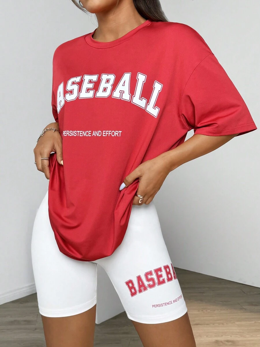 SHEIN EZwear Women Fashion Baseball Printed Short Sleeve Oversize T ...