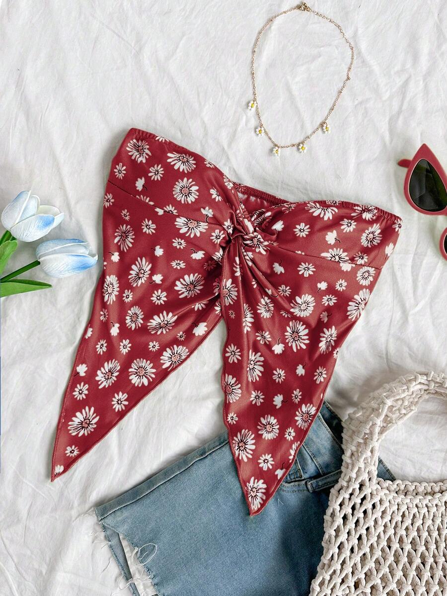 SHEIN WYWH Ladies' Twisted Flower Print Strapless Top For Summer ...