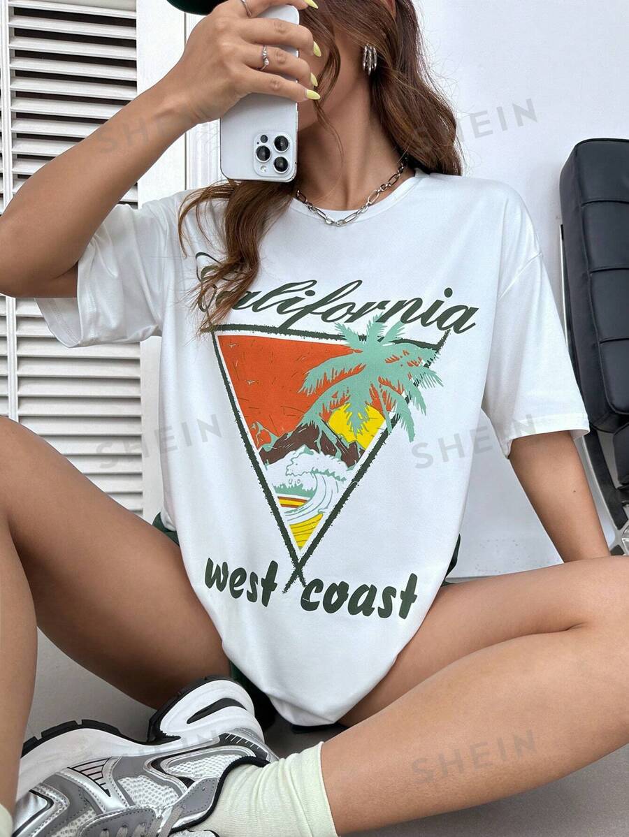 SHEIN EZwear Women Summer Loose Fit T-Shirt And Shorts Set With Letter ...