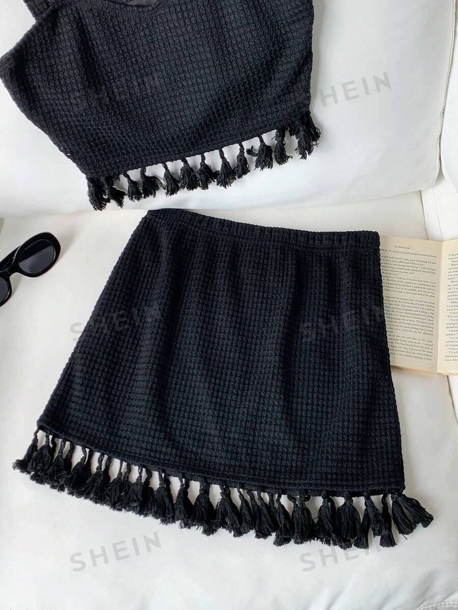 SHEIN EZwear Conjunto Correspondente de Top Cami Preto com Franjas e ...