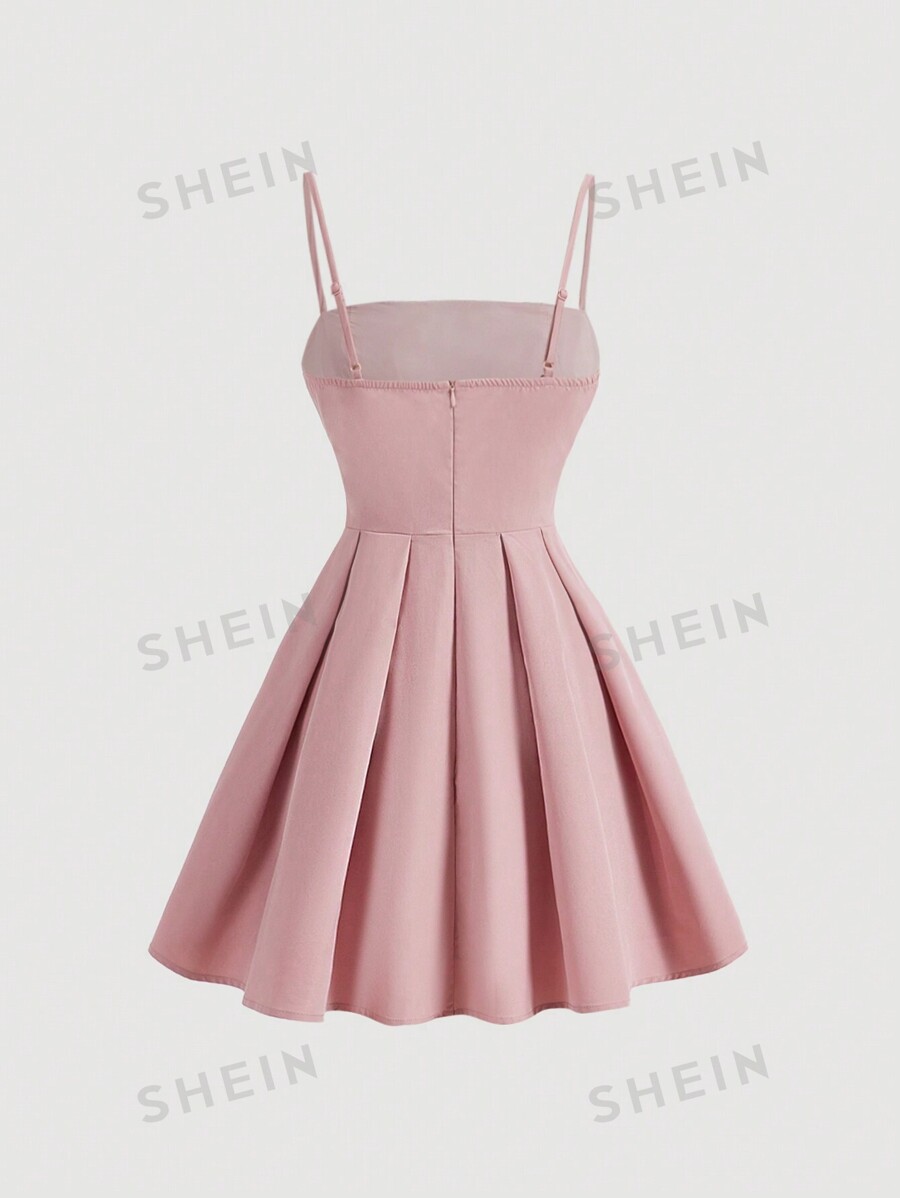 SHEIN MOD Pink Pleated Empire Waist Light Formal Dress With Bust Cups ...
