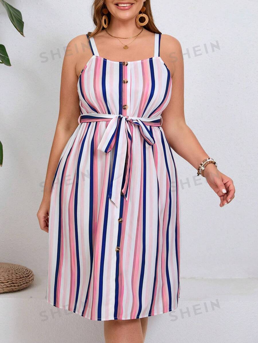 Shein Lune Plus Size Striped Shoulder Strap Dress With Elastic Waist