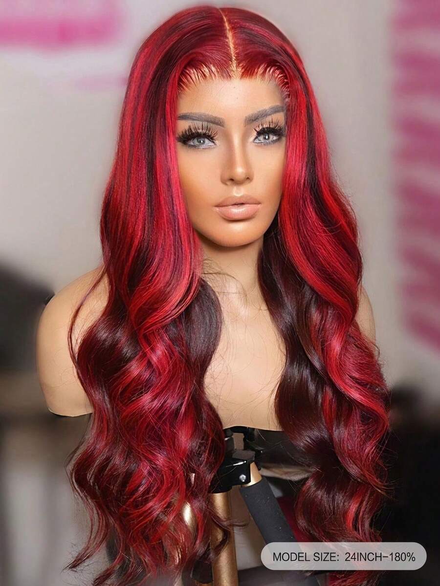 Dark Burgundy With Red Highlight Straight Human Hair Wigs 180% 13×4 ...