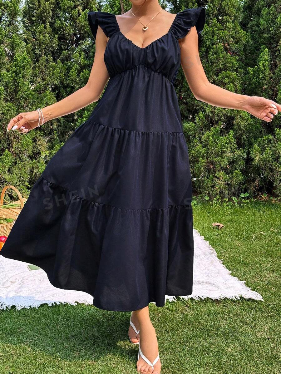 SHEIN Essnce Loose Spaghetti Strap Flutter Sleeve Midi Dress, Solid ...