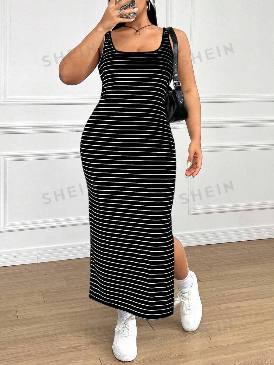 SHEIN EZwear Vestido largo de verano de talla grande, informal, a rayas ...