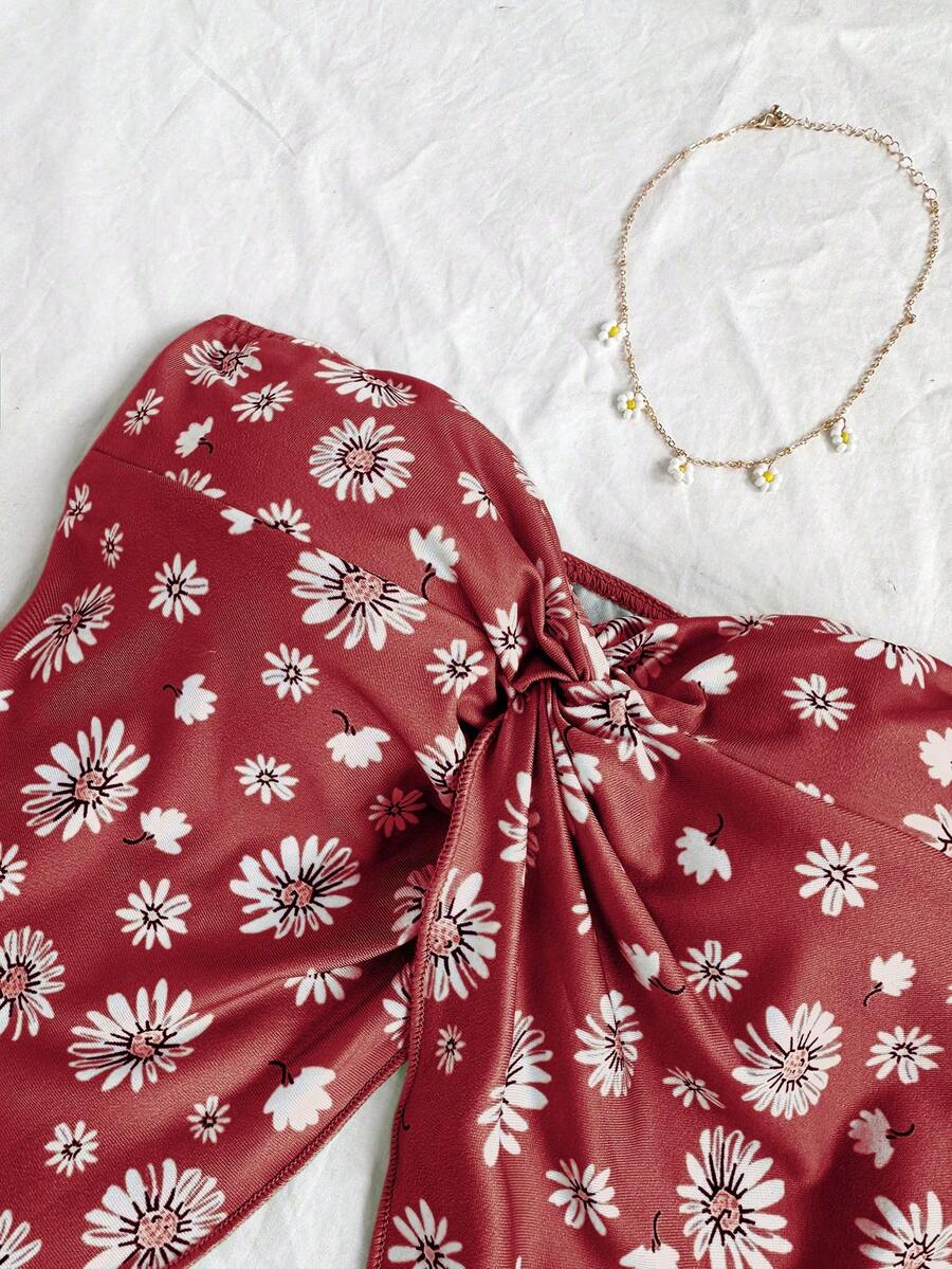 SHEIN WYWH Ladies' Twisted Flower Print Strapless Top For Summer ...