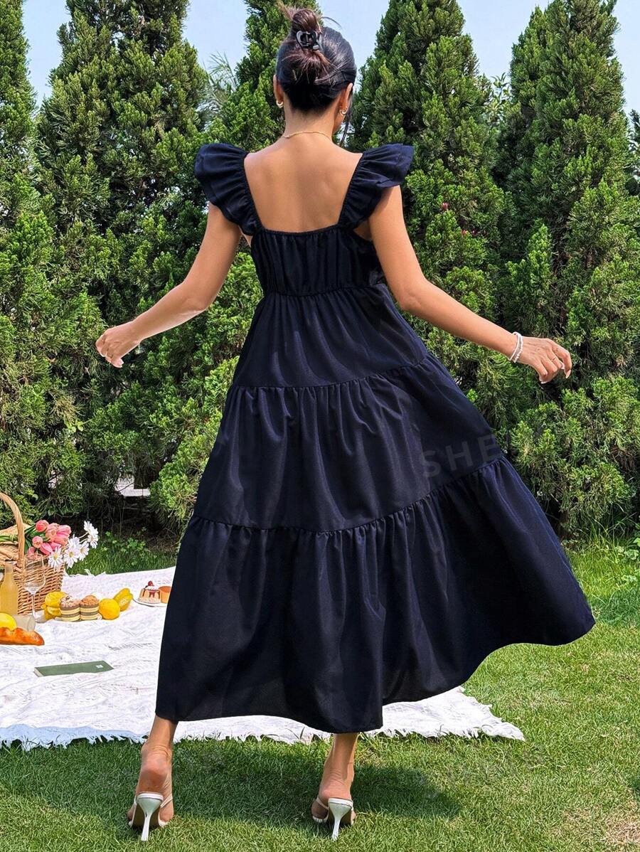 SHEIN Essnce Loose Spaghetti Strap Flutter Sleeve Midi Dress, Solid ...