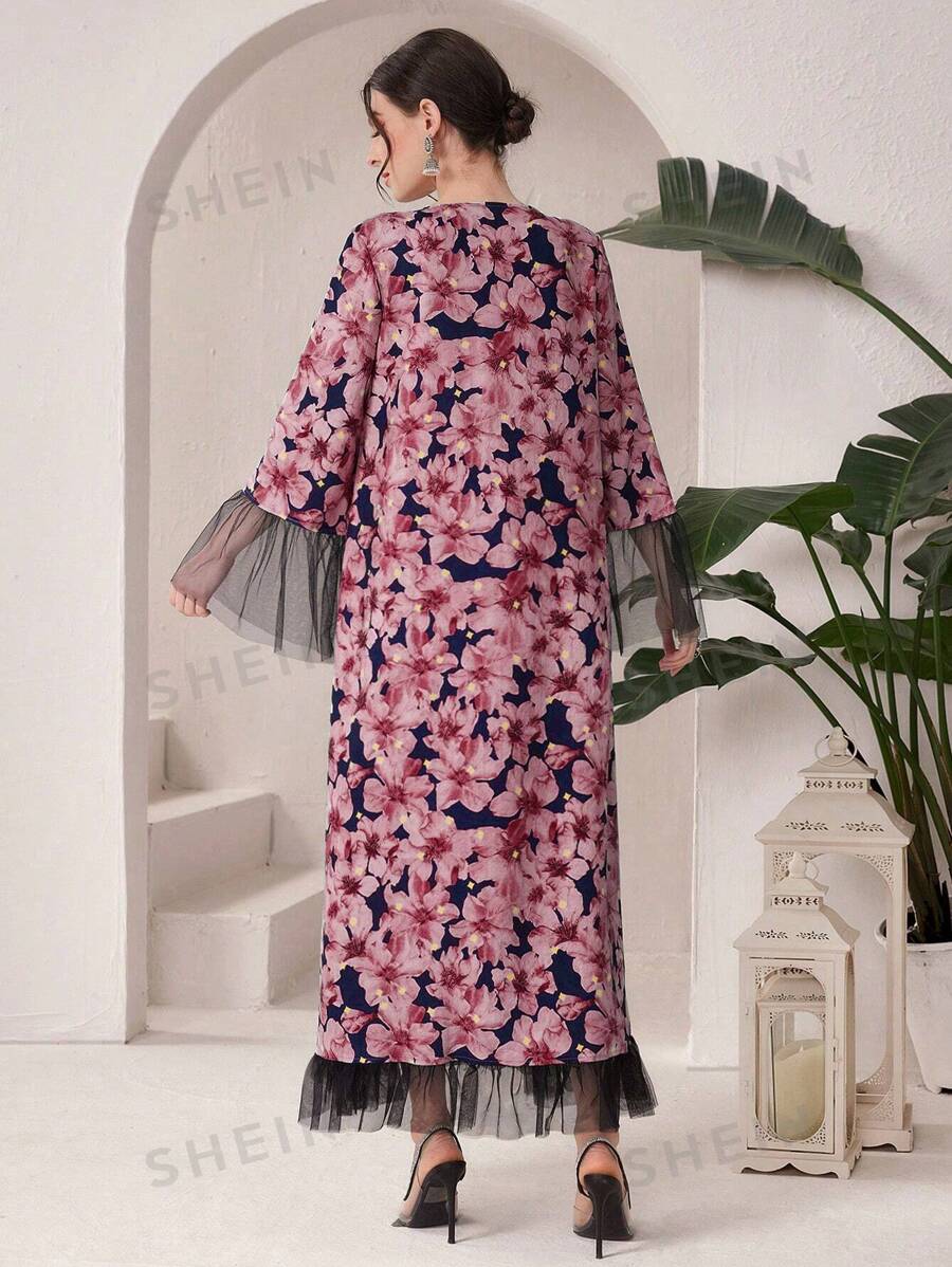 SHEIN Najma Vestido árabe estampado con empalme de malla para mujer de ...