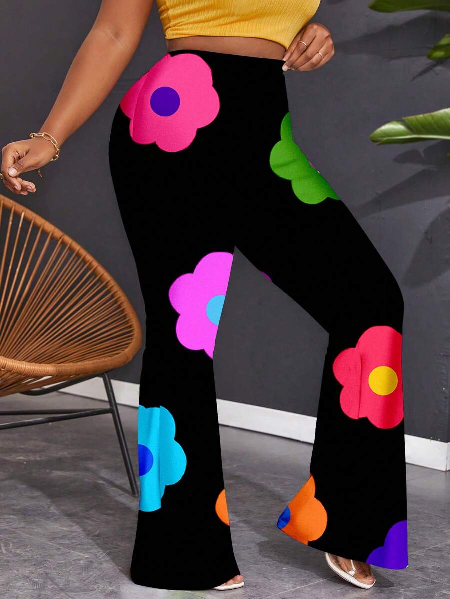 Slaydiva Plus Size Women Casual Floral Print Flare Pants, Stretchy ...