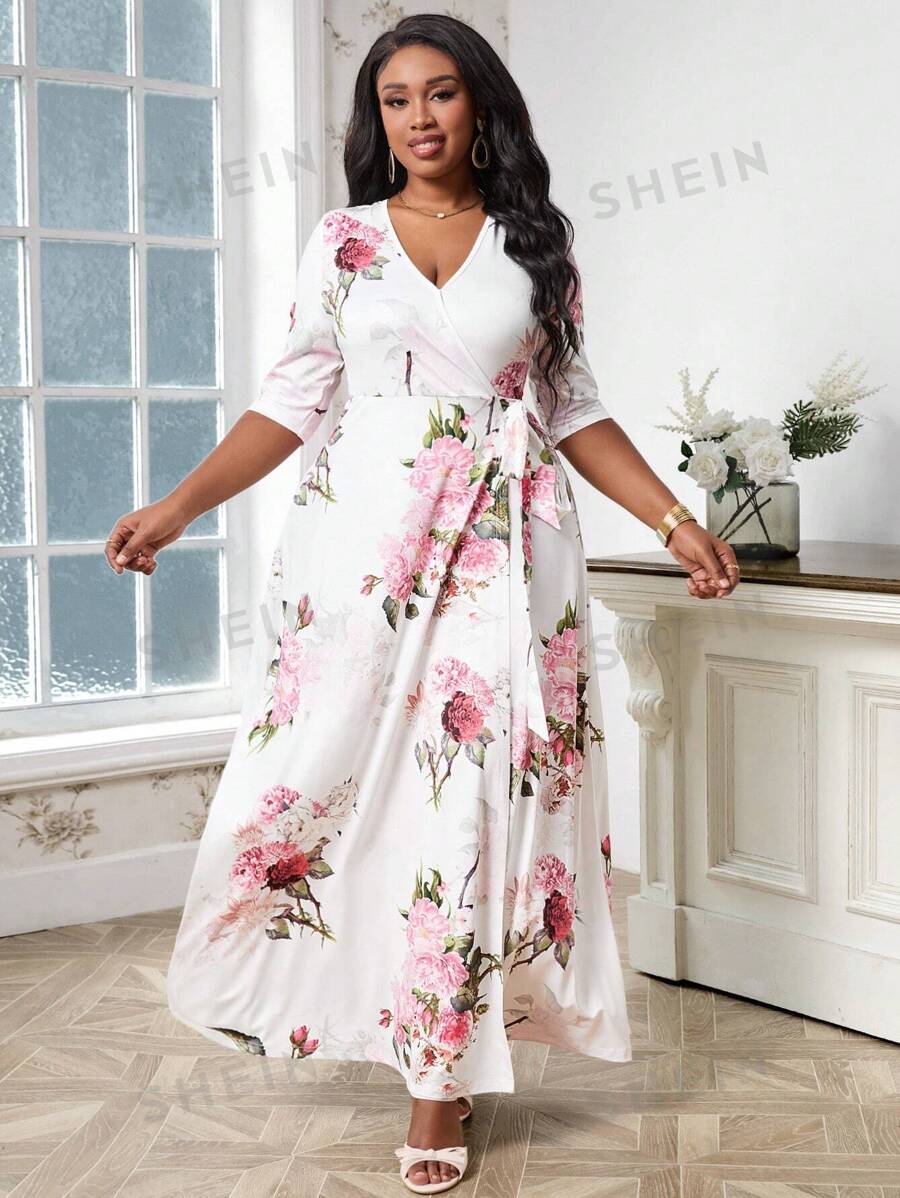 SHEIN Lady Vestito midi estivo mezza manica con stampa floreale, taglie comode, scollo a V con ...