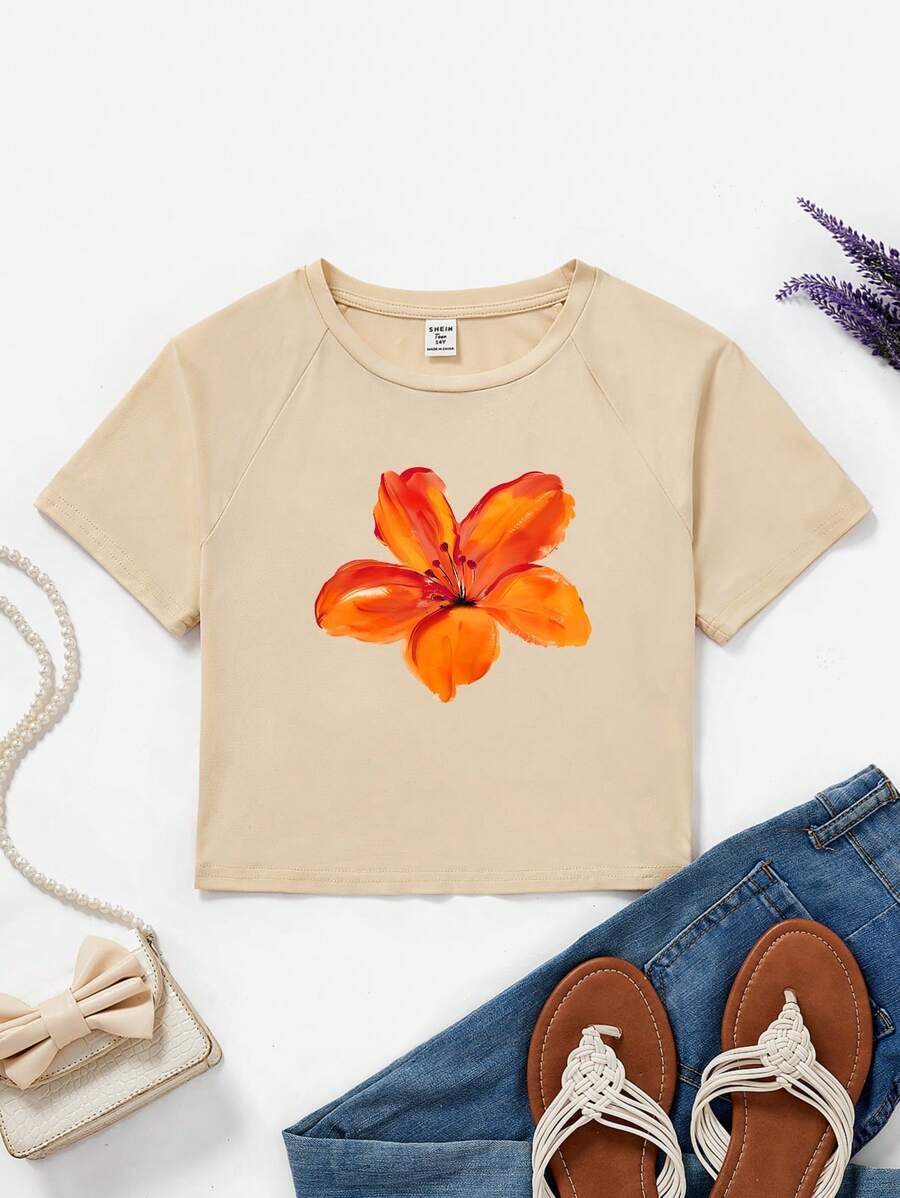 Teen Girls' Casual Flower Print Short Sleeve Raglan Sleeve T-Shirt ...