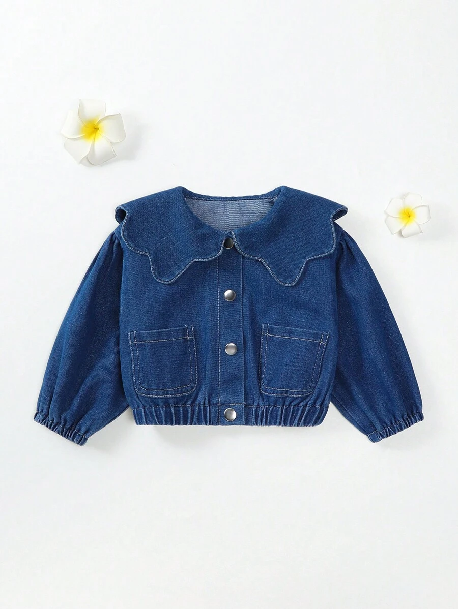 Baby Girl Denim Jacket With Dark Wash, Peter Pan Collar, Bubble Sleeves ...