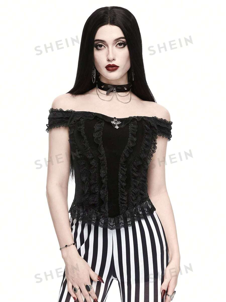 ROMWE Goth Gothic Palace Style Cross Decoration Lace Trim Velvet Off ...