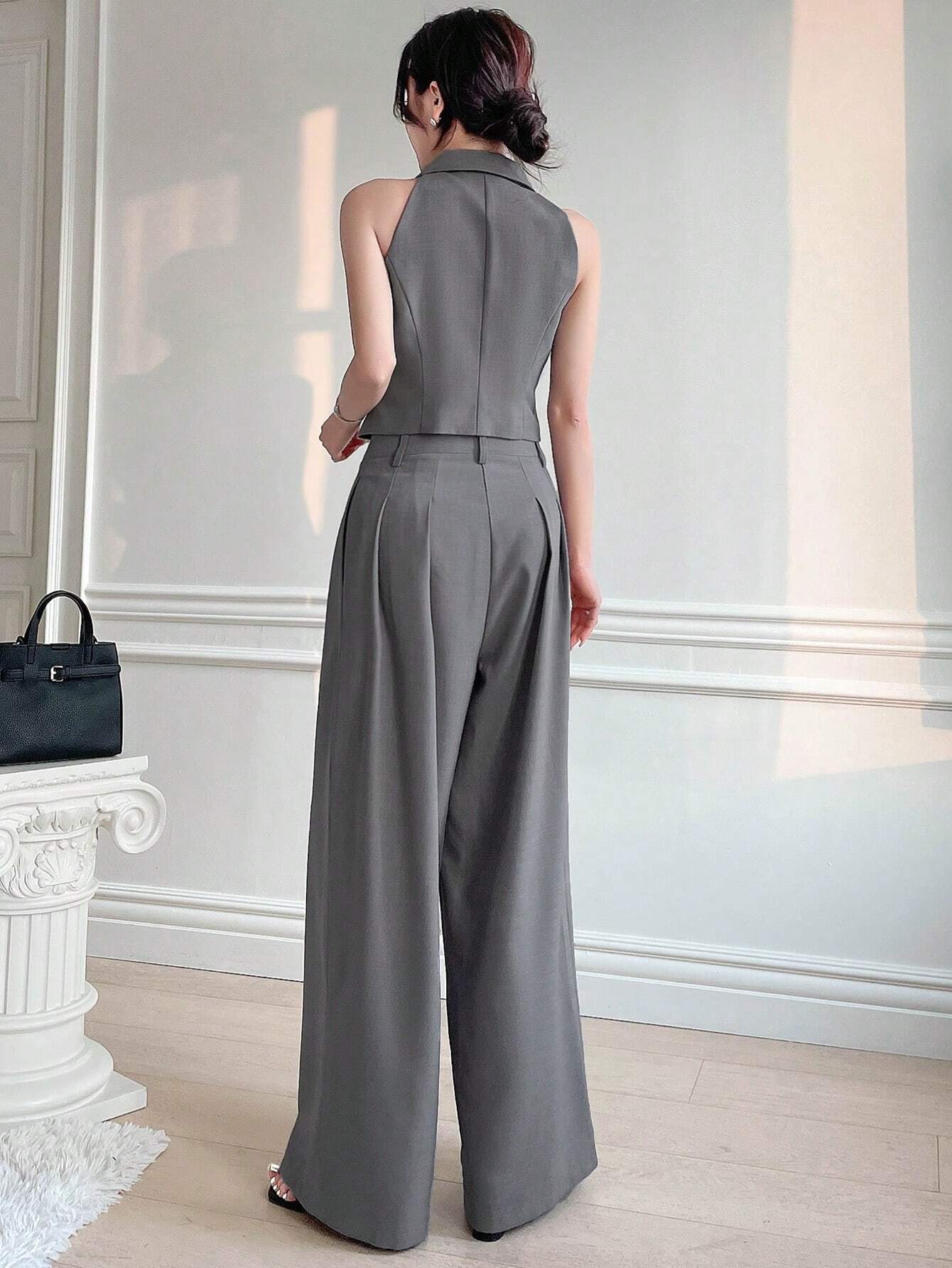 DAZY Women Fashionable Simple Lapel Neck Waistcoat And Wide-Leg Pants Suit Set | SHEIN USA