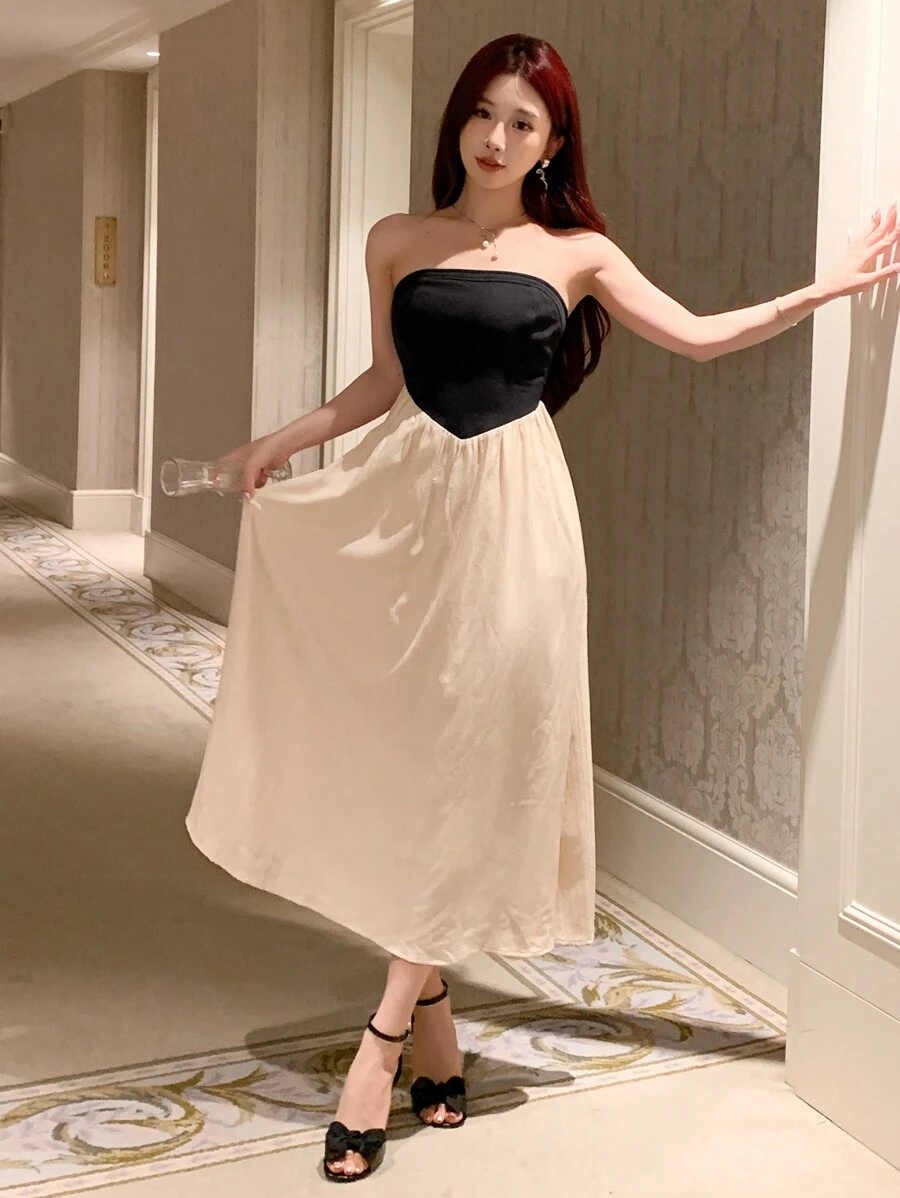 DAZY Women Elegant Strapless Patchwork Party Dress | SHEIN USA