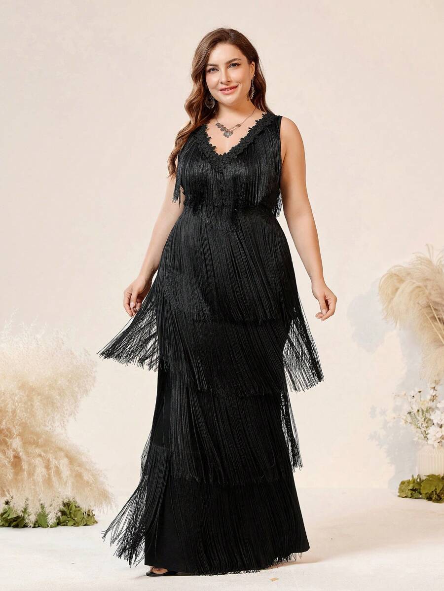 SHEIN Belle Black Lace Patchwork Exaggerated Layered Fringe Elegant ...