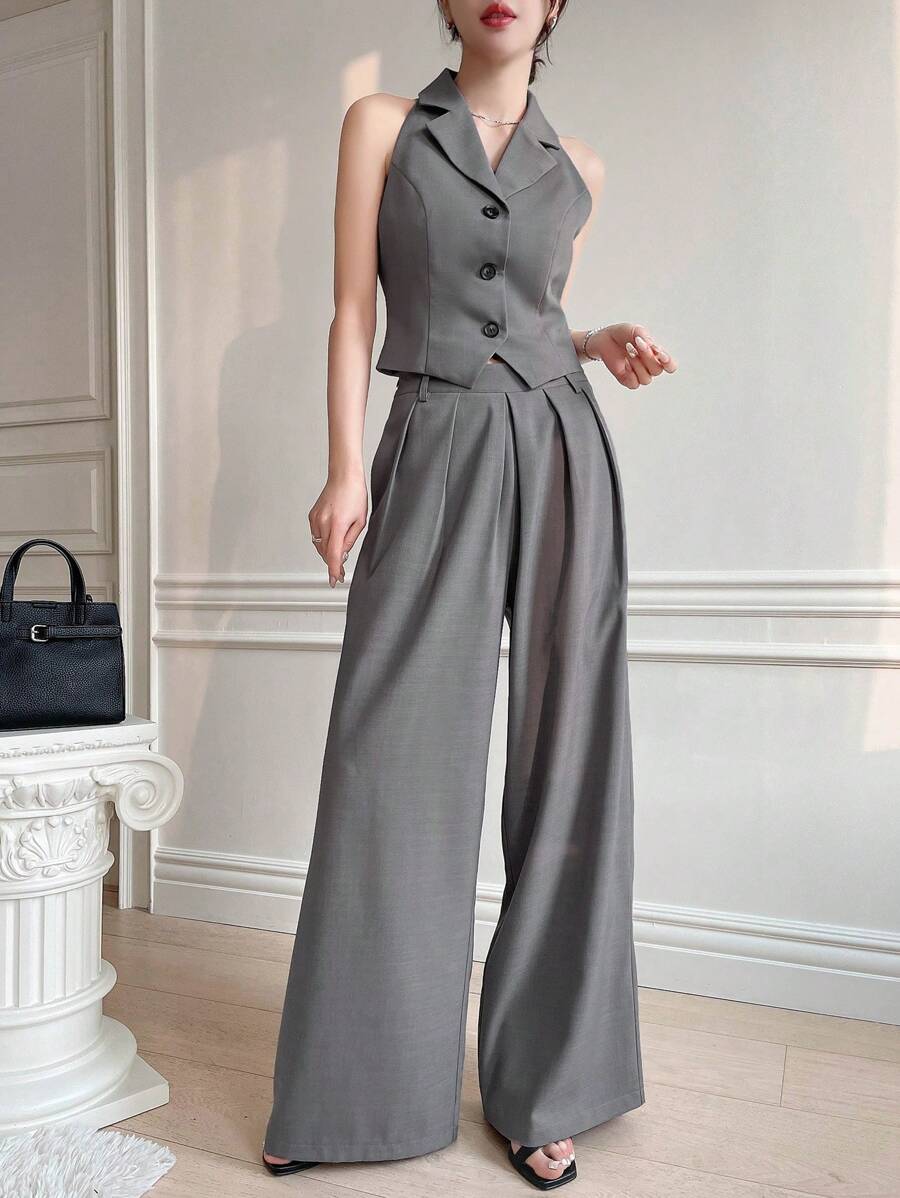DAZY Women Fashionable Simple Lapel Neck Waistcoat And Wide-Leg Pants Suit Set | SHEIN USA