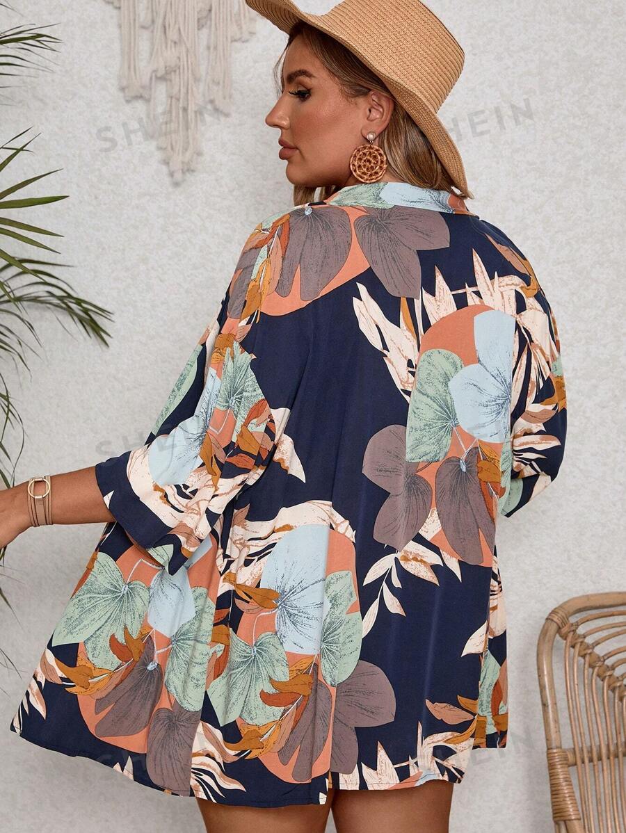SHEIN VCAY Plus Size Summer Blue Tree Leaves Printed Kimono Shirt And ...