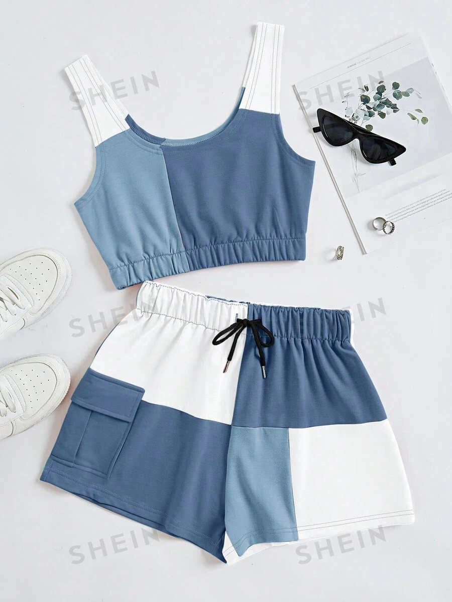SHEIN EZwear Colorblock Crop Tank Top & Flap Pocket Shorts | SHEIN USA