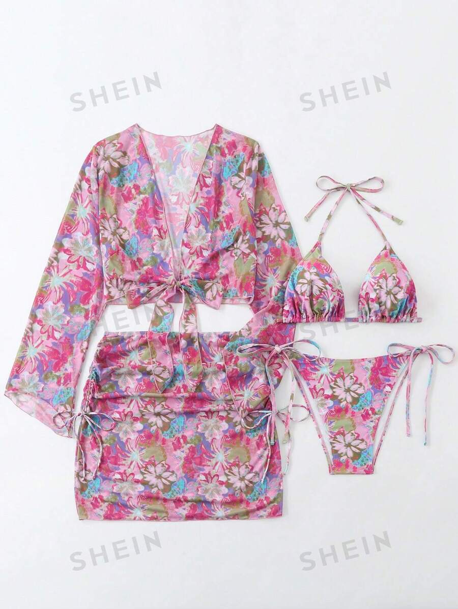 Shein Swim Vcay Summer Beach Plus Size Printed 4 Piece Bikini Set With
