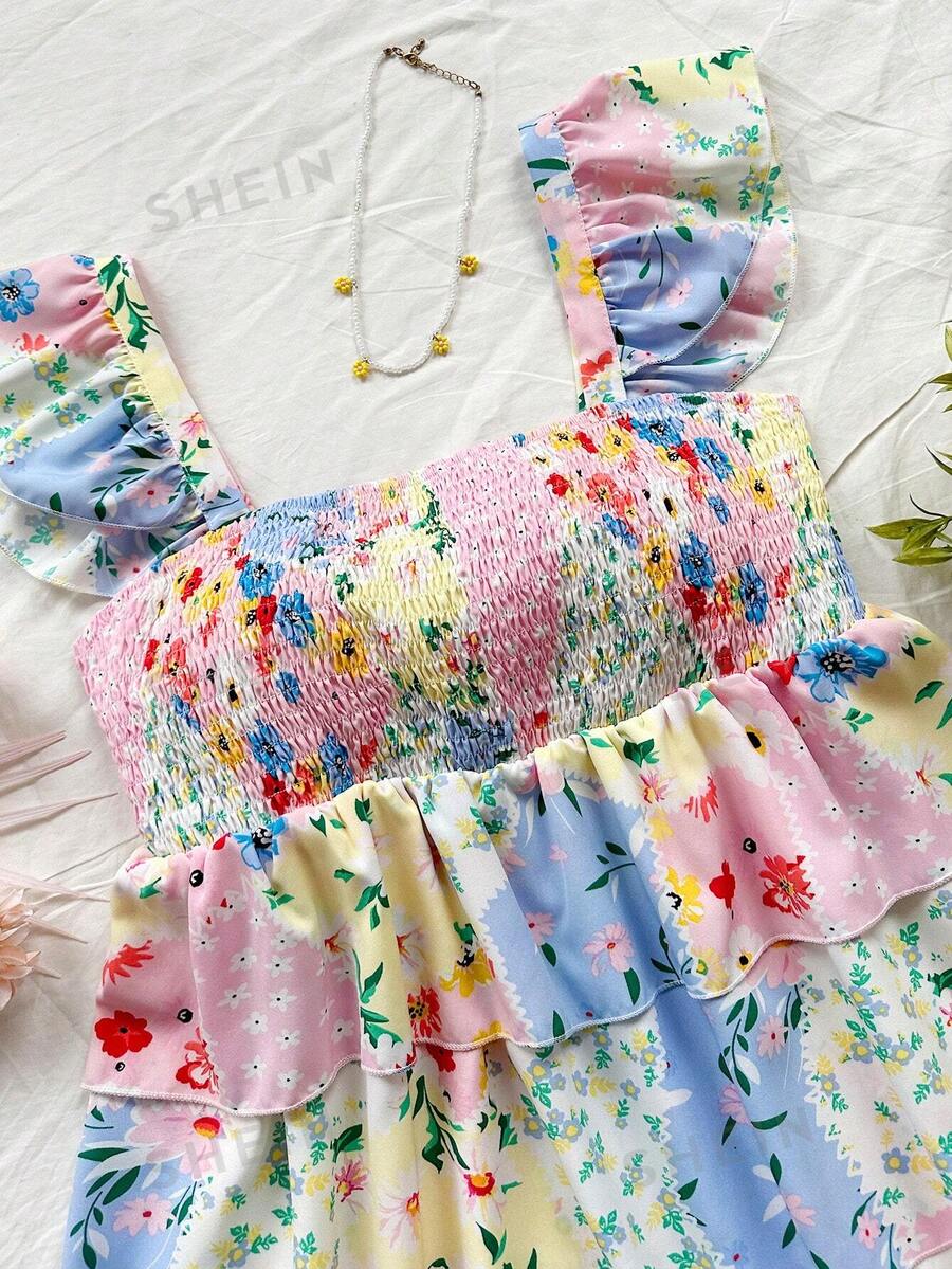 SHEIN Dreamara Multicolored Colorful Floral Romantic Slim-Fit Women ...