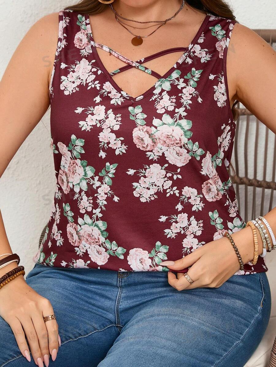EMERY ROSE Plus Size Women Floral Print Cross V-Neck Casual Tank Top For Summer Holidays | SHEIN USA