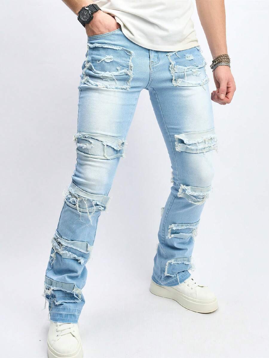 Manfinity Legnd Men Casual Water Washed Ripped Frayed Slim Fit Jeans