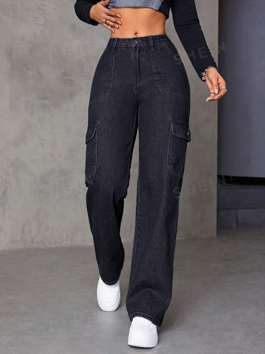 SHEIN ICON Women Casual Straight-Leg Denim Jeans With Multiple Pockets ...
