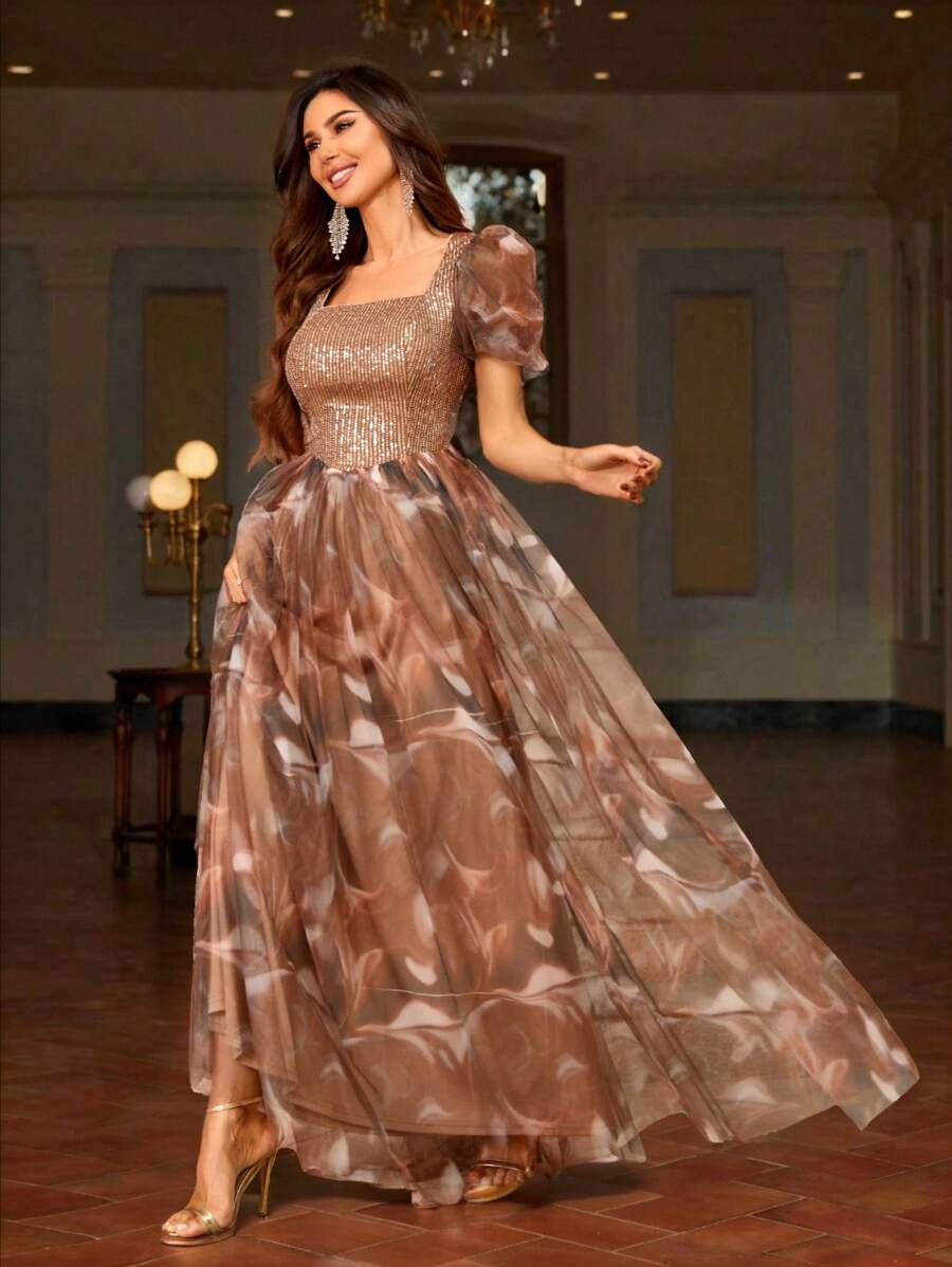 SHEIN Belle Elegant Color Block Printed Square Neck Puff Sleeve Heavy ...