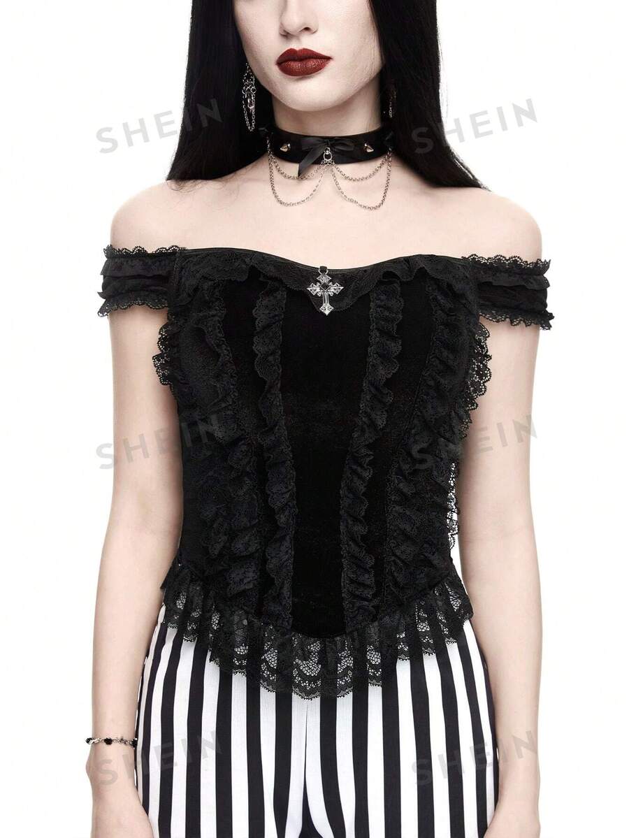 ROMWE Goth Gothic Palace Style Cross Decoration Lace Trim Velvet Off ...