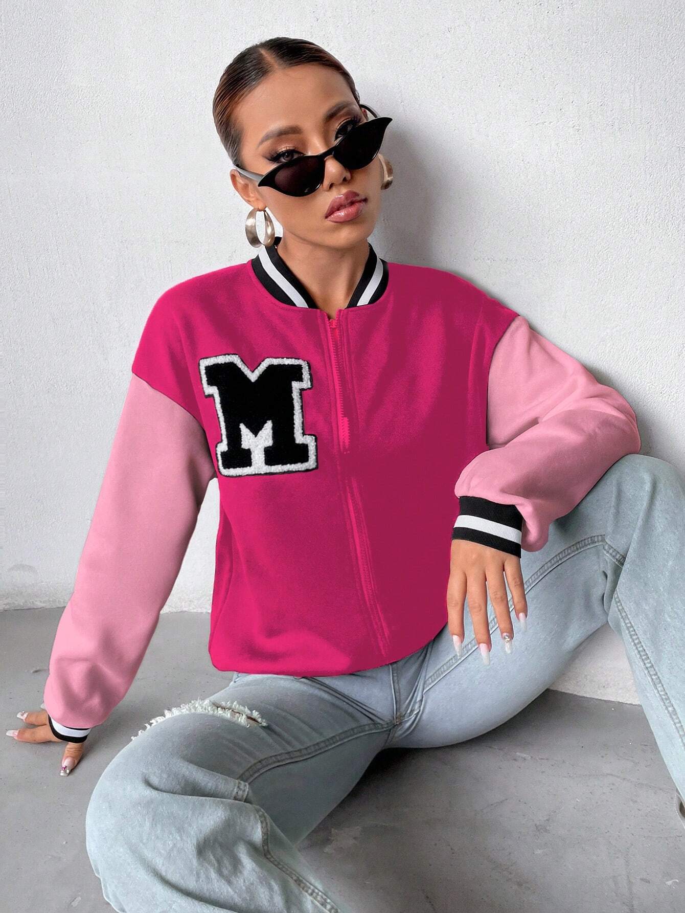 SHEIN EZwear Campus Style Color-Blocked Patchwork Alphabet Embroidery ...