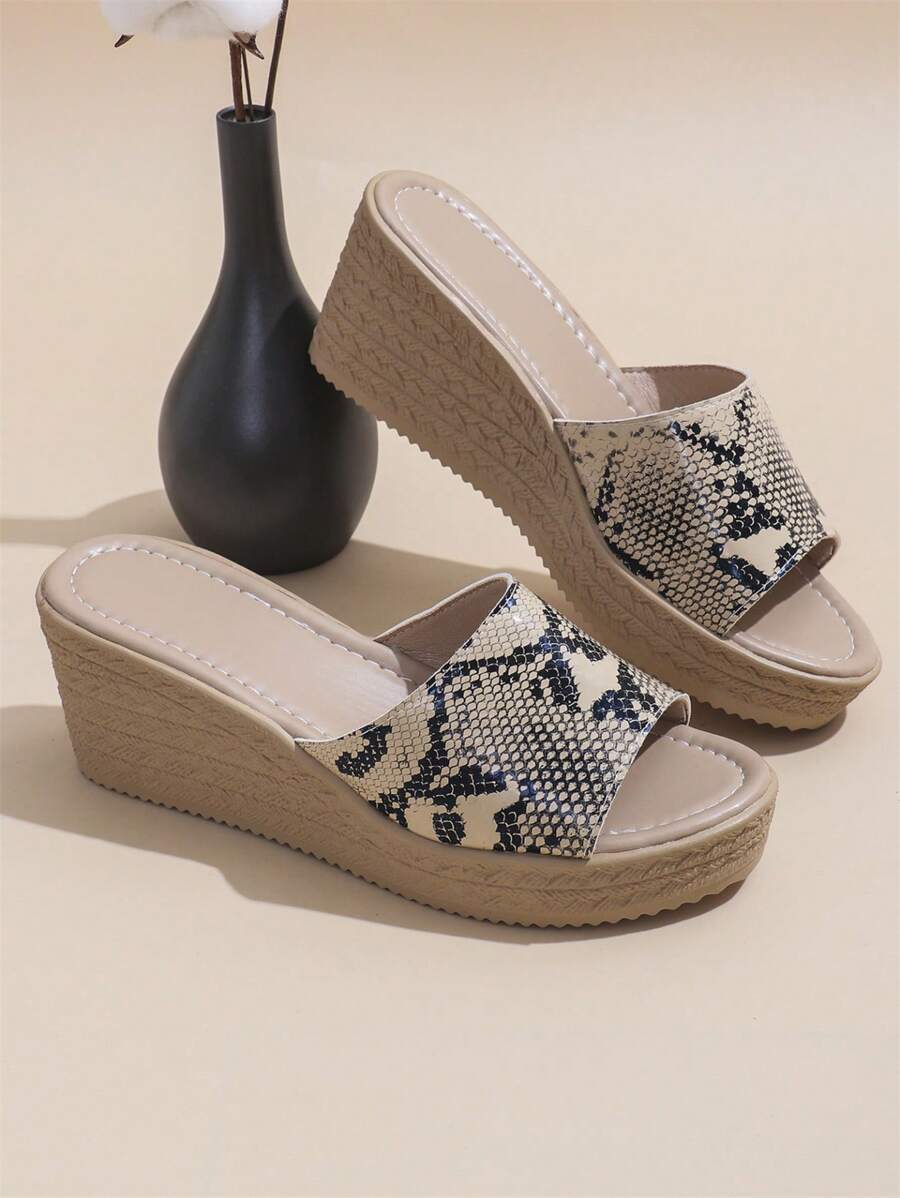 Apricot Colored Snake Patterned Wedge Thick Soled Women Slippers With ...
