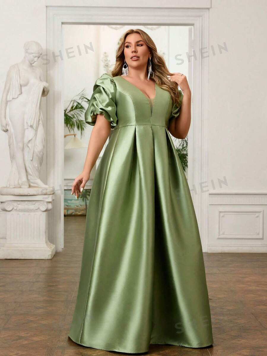 SHEIN Belle Plus Size Elegant And Graceful Grey-Green 3D Sleeve Big A ...