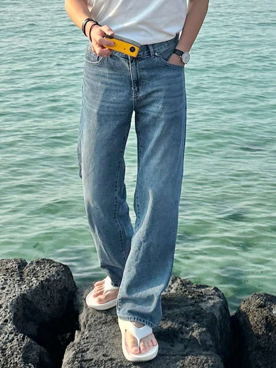 DAZY Calça Denim Masculina em cor sólida limpa, com bolsos e botões ...