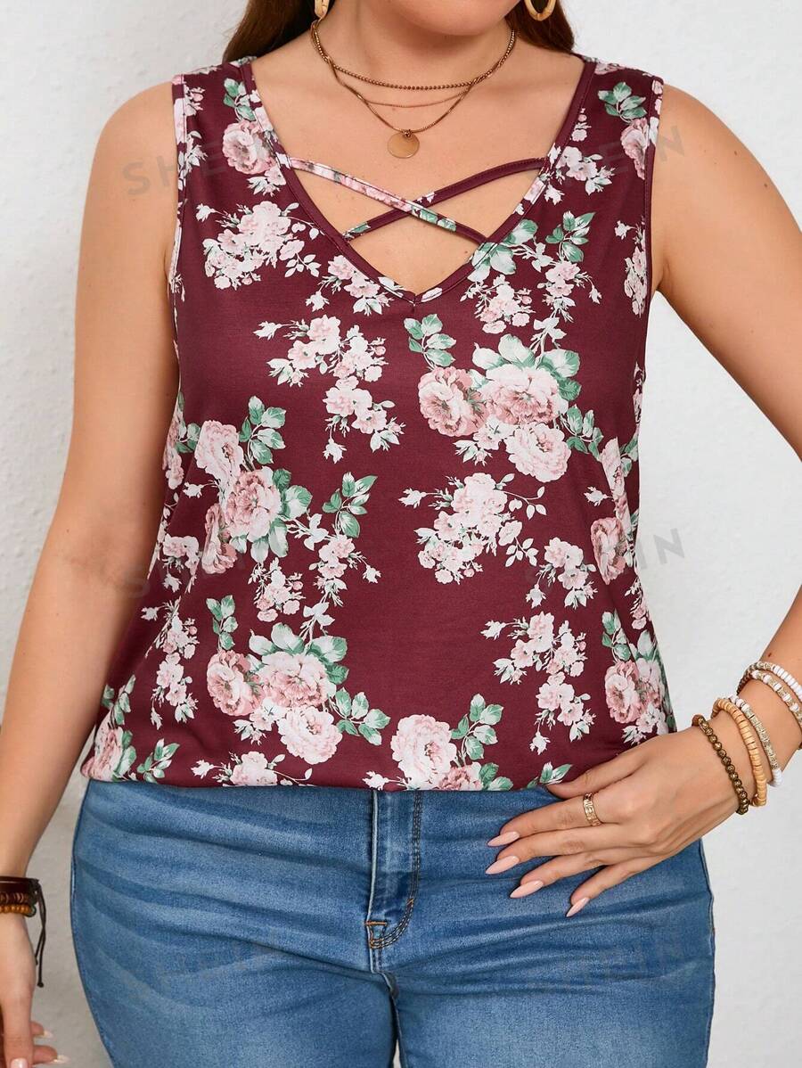 EMERY ROSE Plus Size Women Floral Print Cross V-Neck Casual Tank Top For Summer Holidays | SHEIN USA