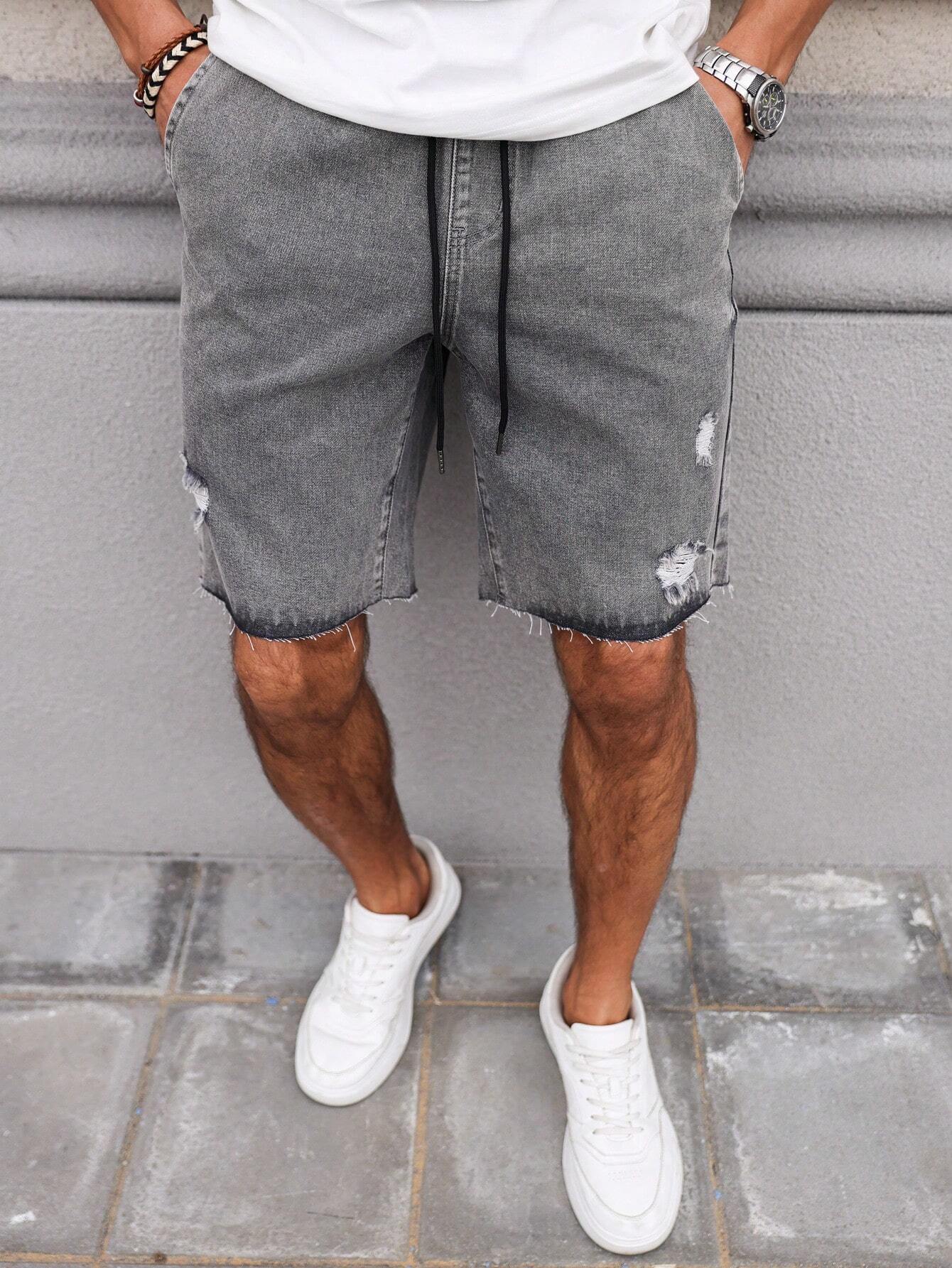 Manfinity LEGND Men Solid Color Drawstring Ripped Frayed Edge Waistband ...