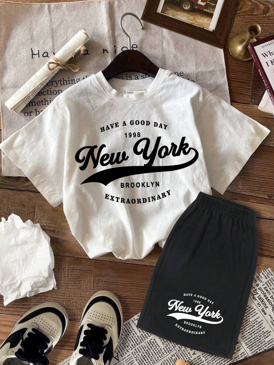 SHEIN Tween Girl Retro 90s Print T-Shirt And Shorts Set, Casual And ...