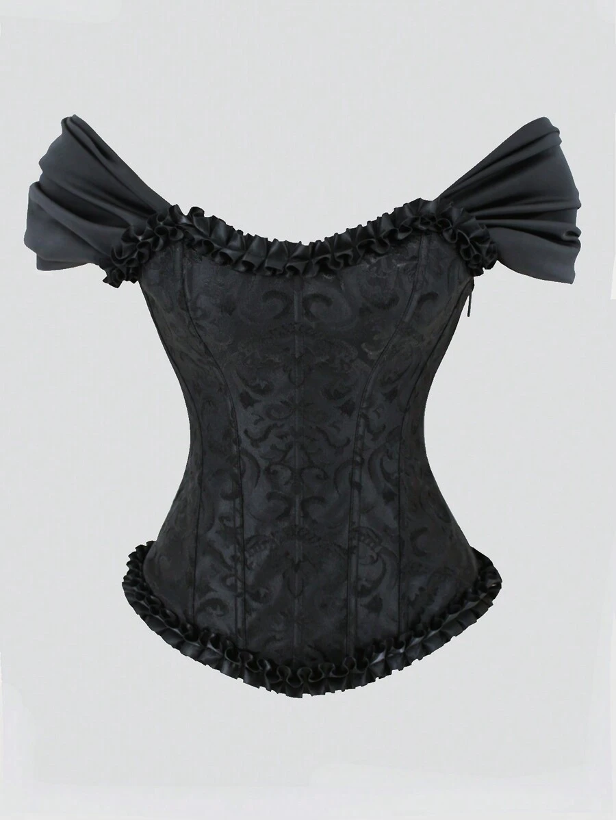 Sweetra Women Frill Trim Lace Up Back Corset Top, Body Shape Bustier Vintage Jacquard Top,Ladies ...