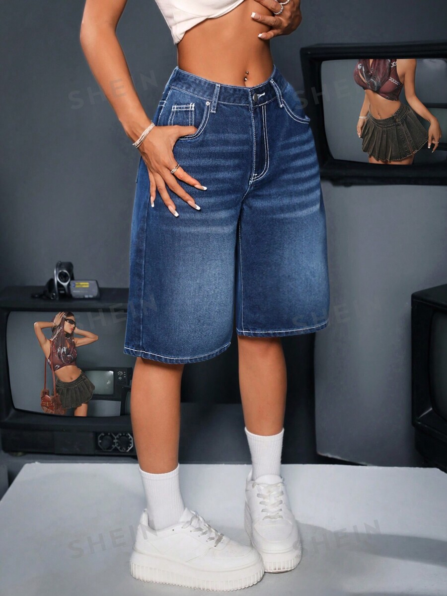 SHEIN ICON Women Bermuda Loose Fit Casual Denim Shorts With Pockets ...