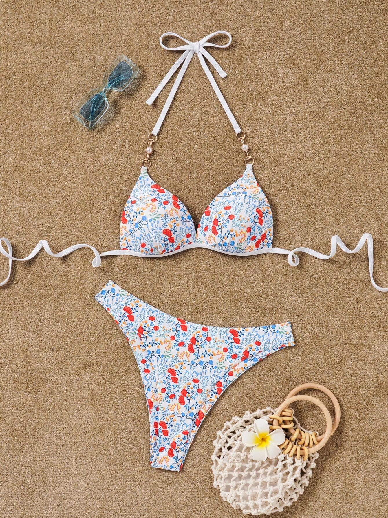 SHEIN Swim 2ชิ้น Hard Cup Halter คอพิมพ์ Tie กลับชุดบิกินี่สไตล์วันหยุด ...
