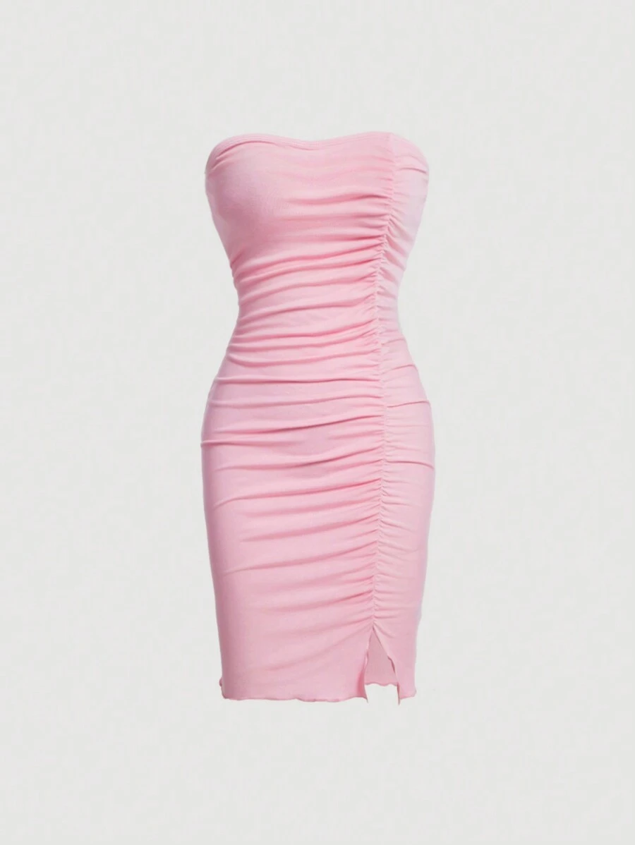 SHEIN Qutie Strapless Asymmetrical Wrap Pleated High Side Slit Short ...