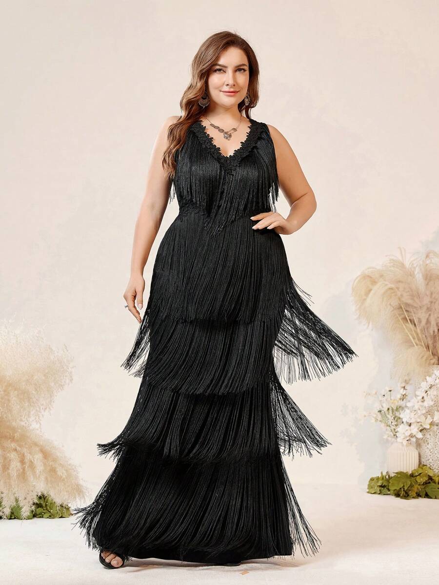 SHEIN Belle Black Lace Patchwork Exaggerated Layered Fringe Elegant ...