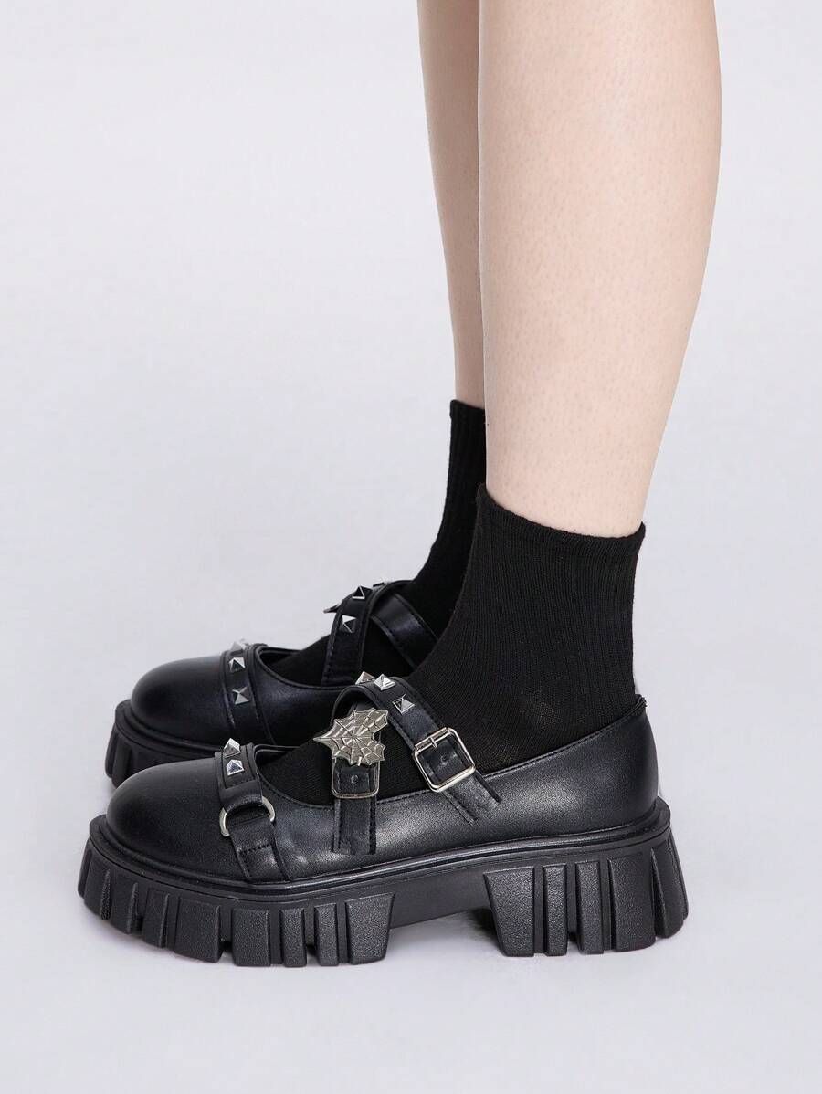 ROMWE Goth Ladies Fashionable Thick-Soled Shoes With Rivets, Buckles ...