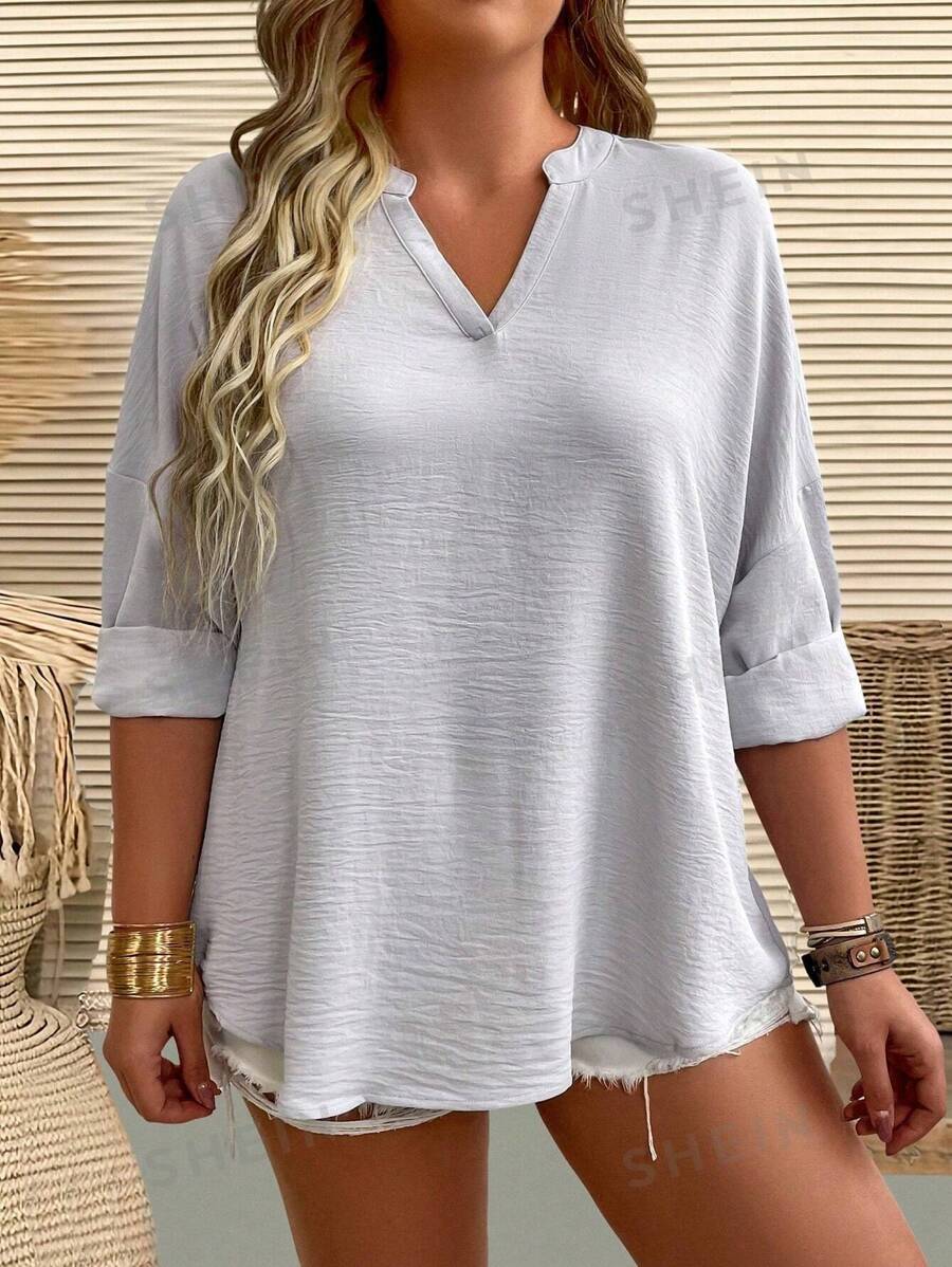 Shein Lune Plus Notched Neckline Roll Tab Sleeve Blouse Shein Usa