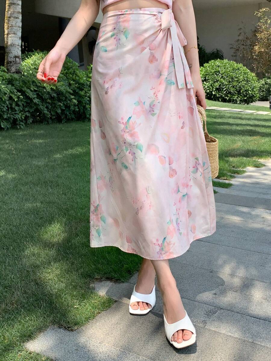 DAZY Falda estampada de chifón para mujer con cintura ajustable y ...