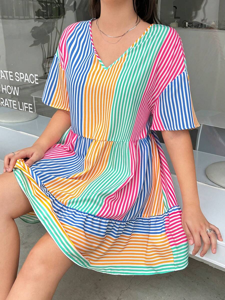 SHEIN EZwear Plus Size Women Loose Rainbow Striped Doll Dress For Month ...