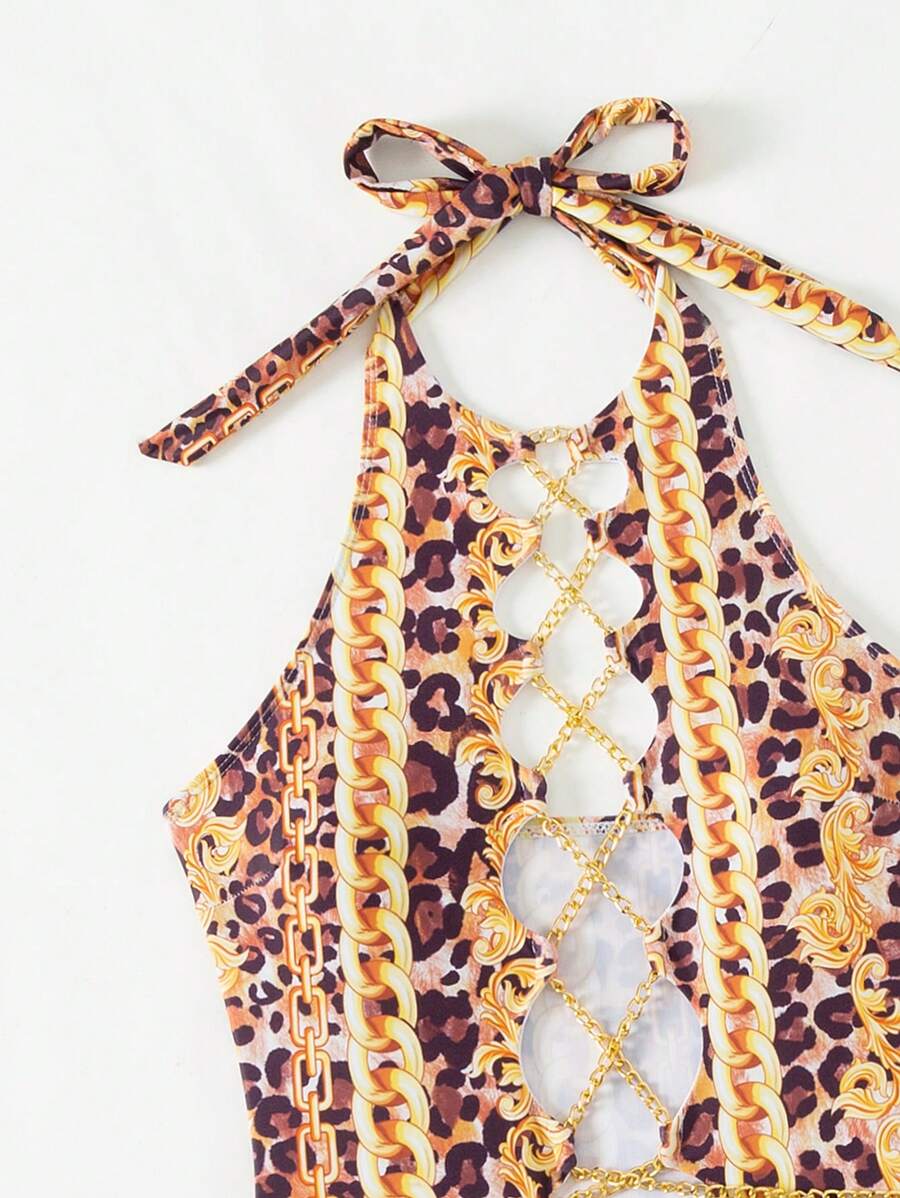 SHEIN Swim Ladies' Summer Halter Neck Chain Detail One-Piece Swimsuit ...