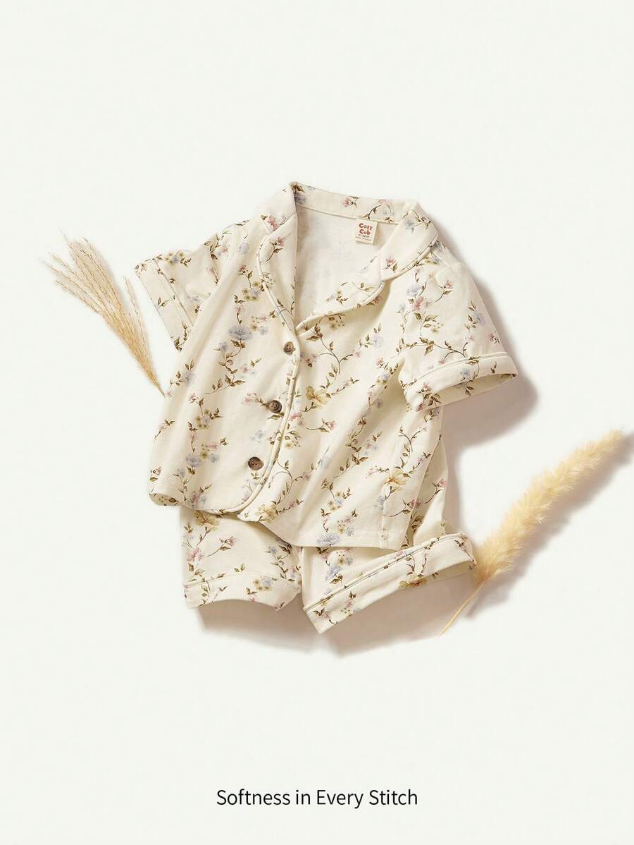 SHEIN Baby Girl Snug Fit Pajama Set With Floral Print, Lapel Short ...