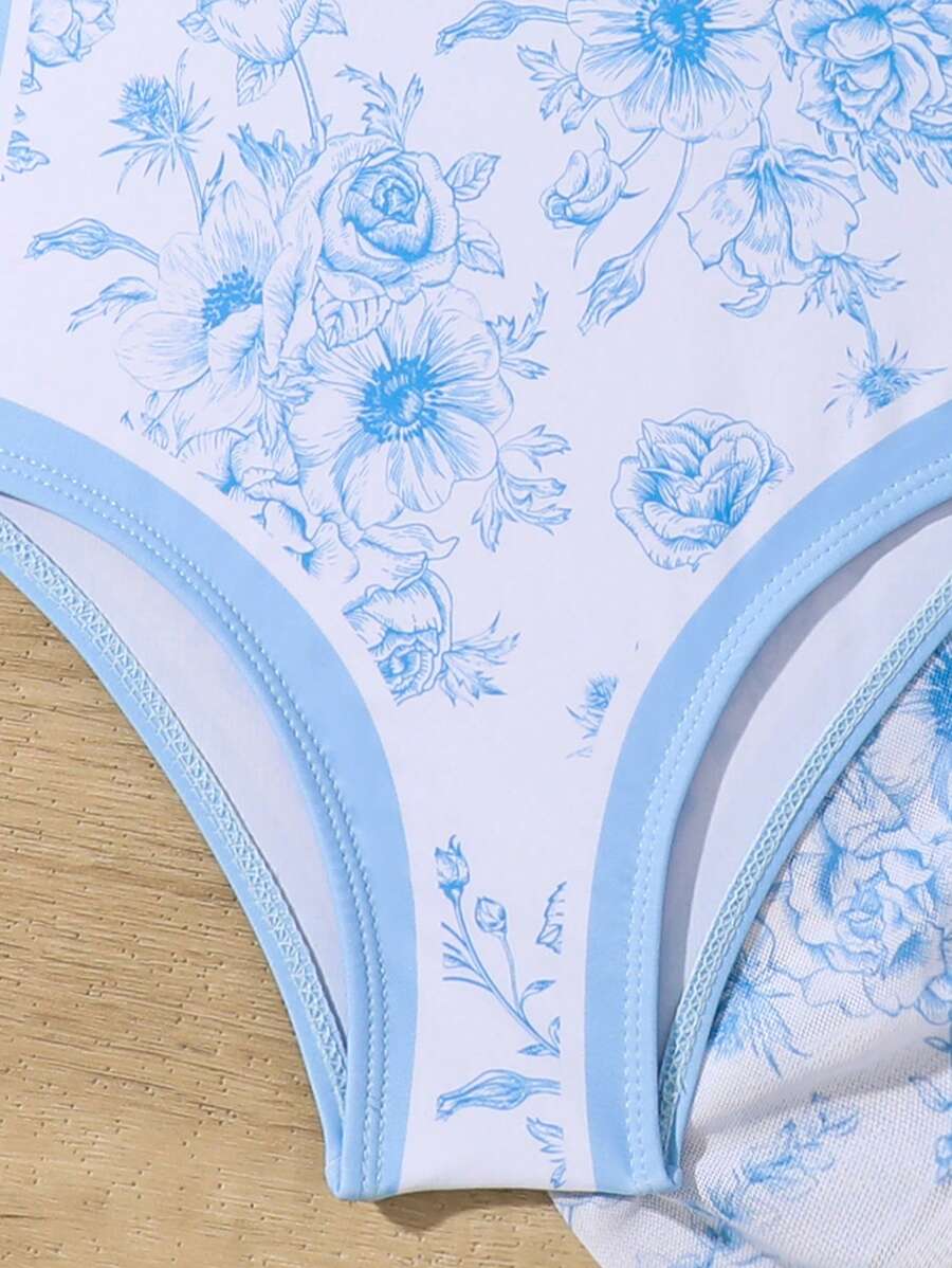 Tween Girl One-Piece Swimsuit Printed Pattern With Positioned Ruffles ...